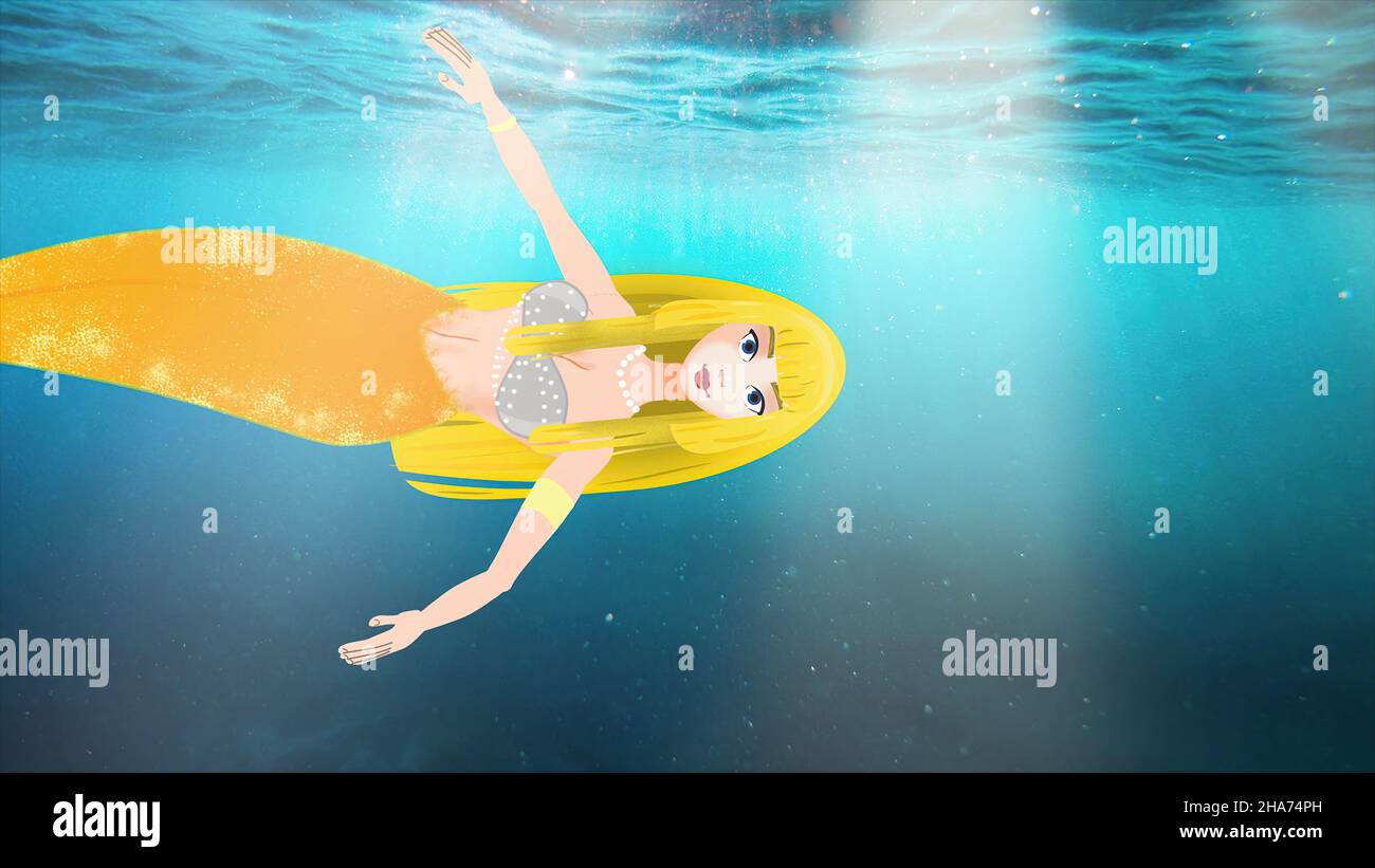 3d illustration - mermaid swimming in deep blue ocean waves from ...