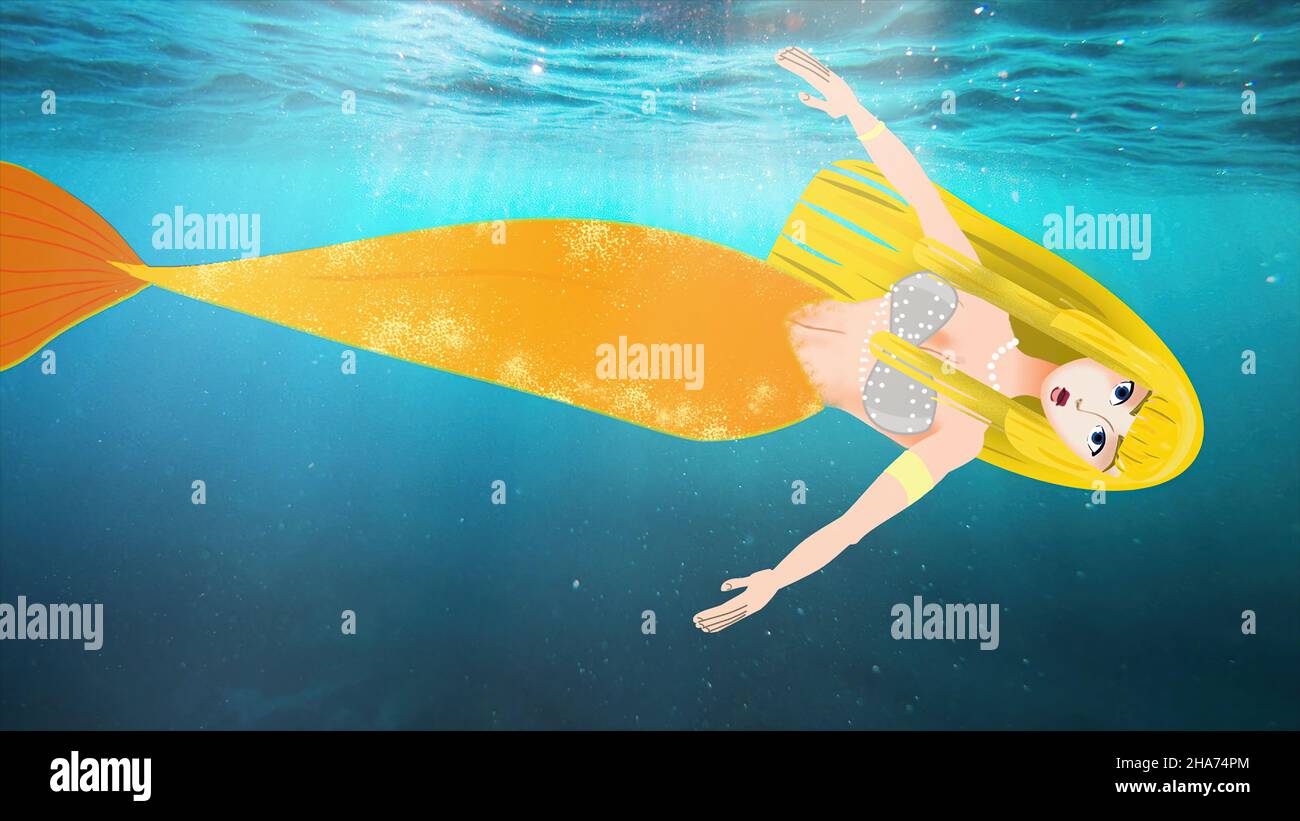 3d illustration - mermaid swimming in deep blue ocean waves from ...