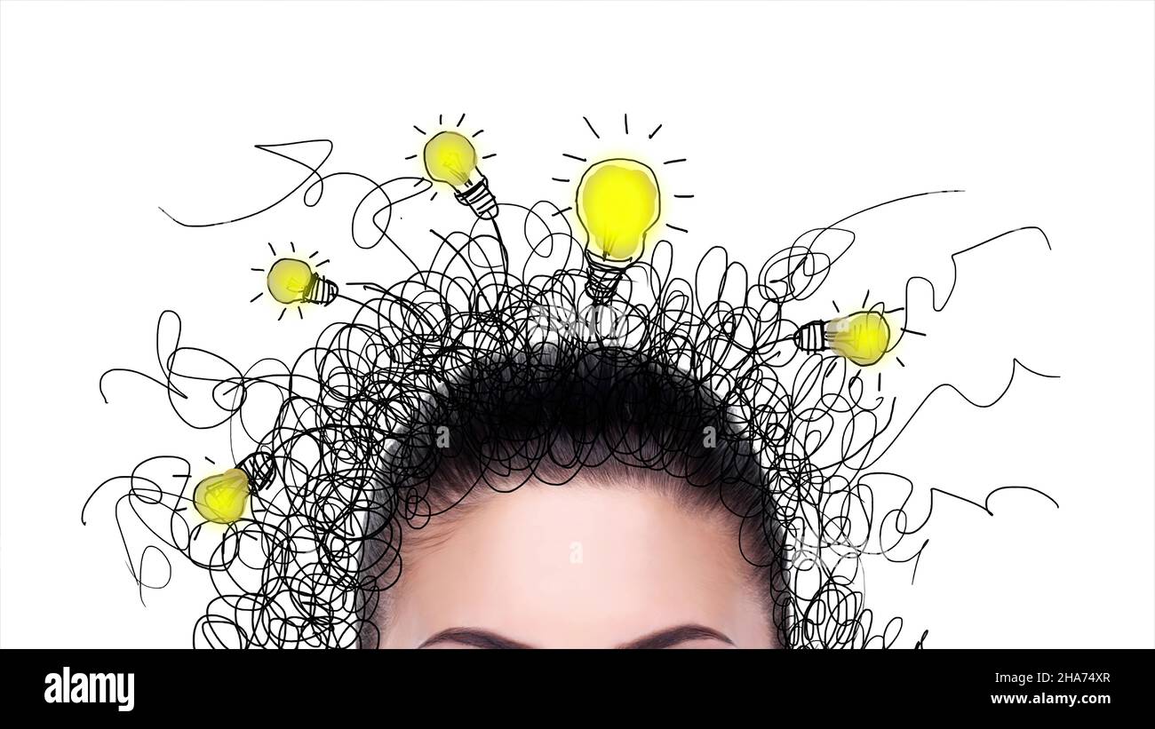3d illustration - hand draw of thinking people with and light idea bulb ...