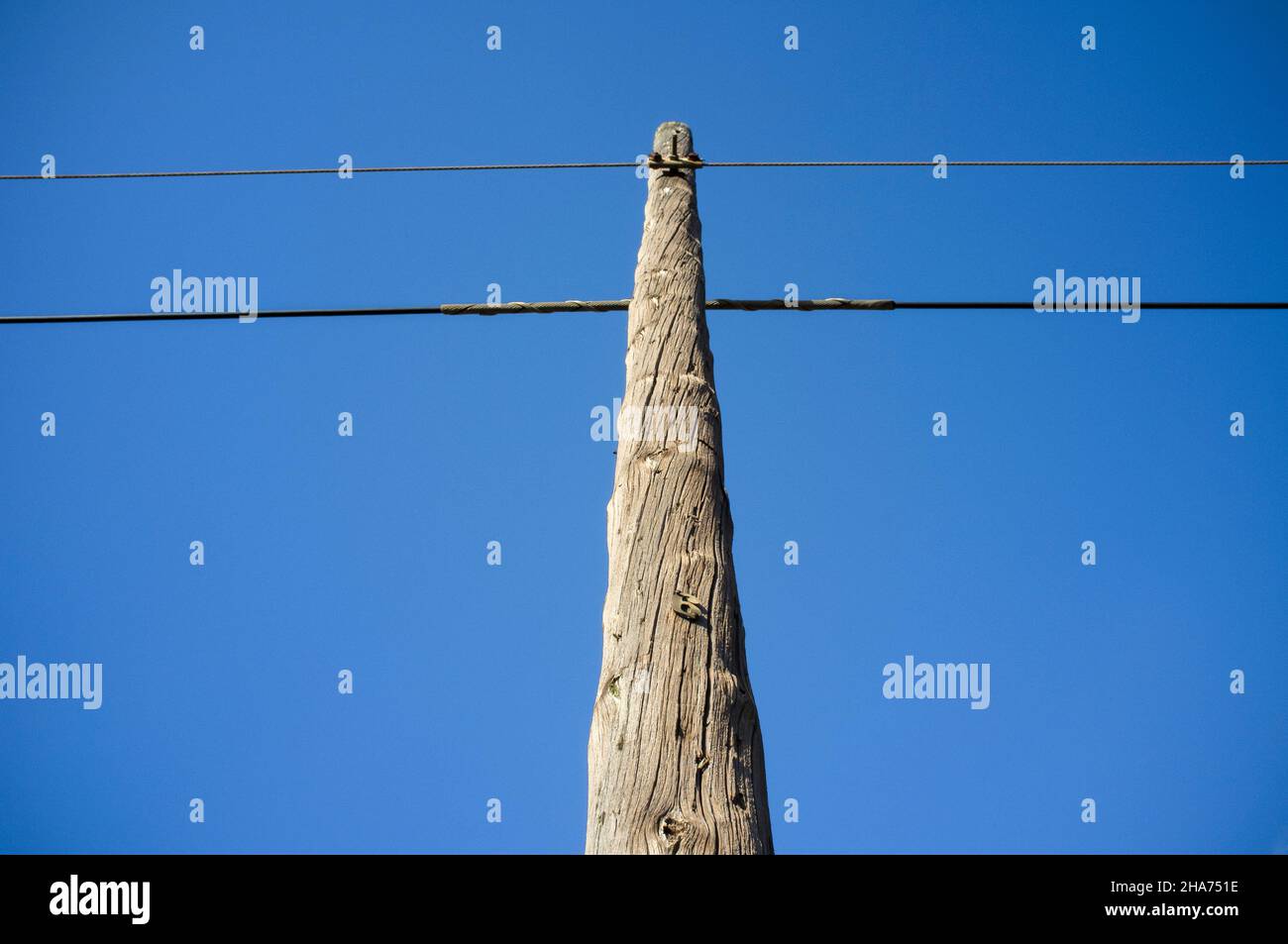 Traditional wood pole for power line. Blue sky backgroud Stock Photo ...