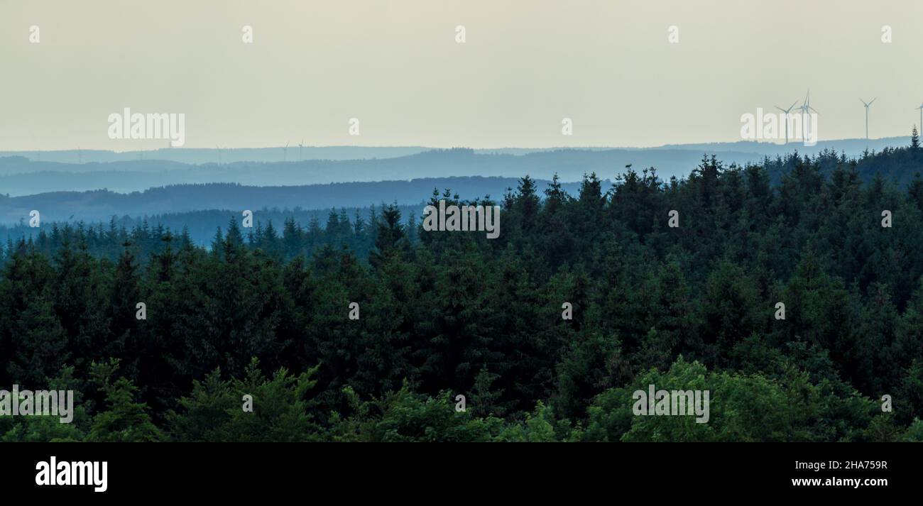 dark forest landscape with fog and wind mills Stock Photo - Alamy