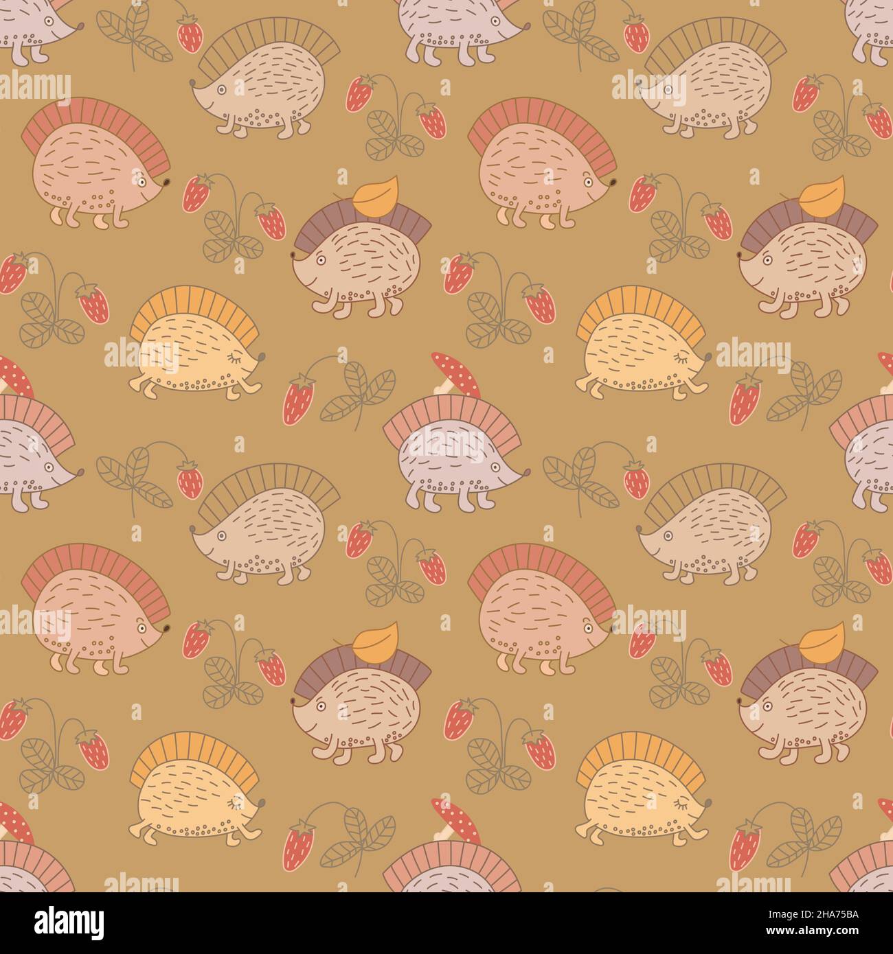 Hand drawn seamless pattern with Hedgehogs, leaves, firs, mushrooms ...