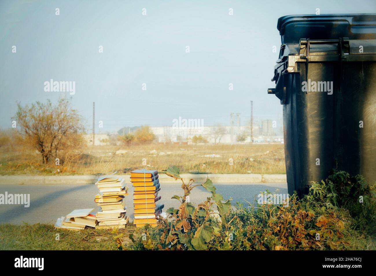 Bunch of old books lying by the road near the black plastic rubbish bin ...