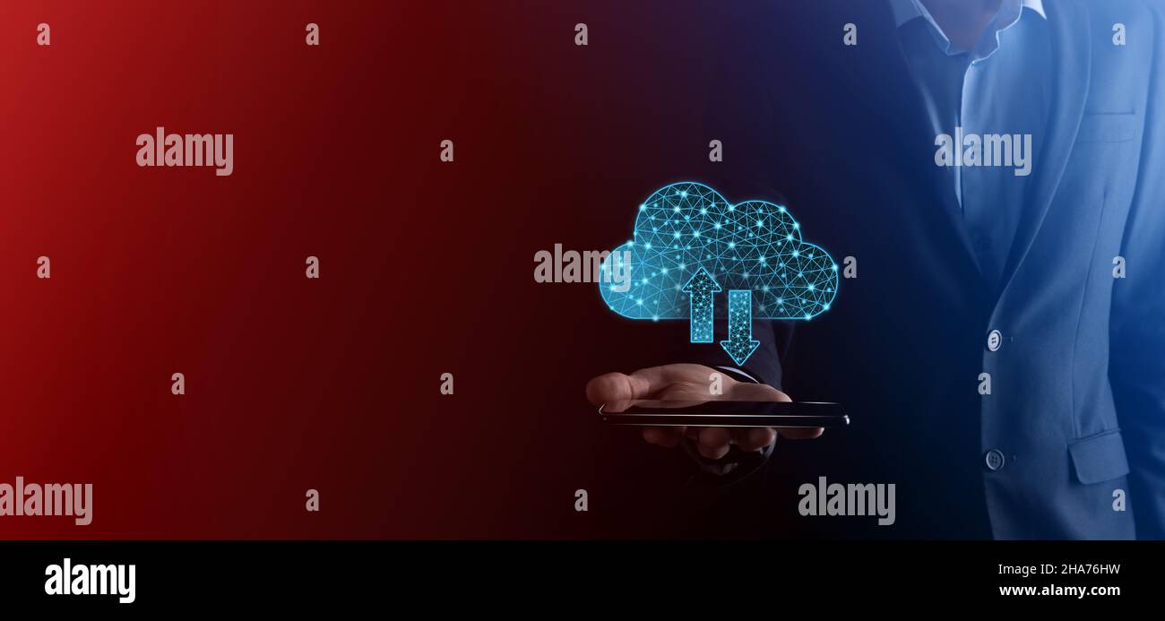 Cloud technology. Polygonal wireframe cloud storage sign with two ...
