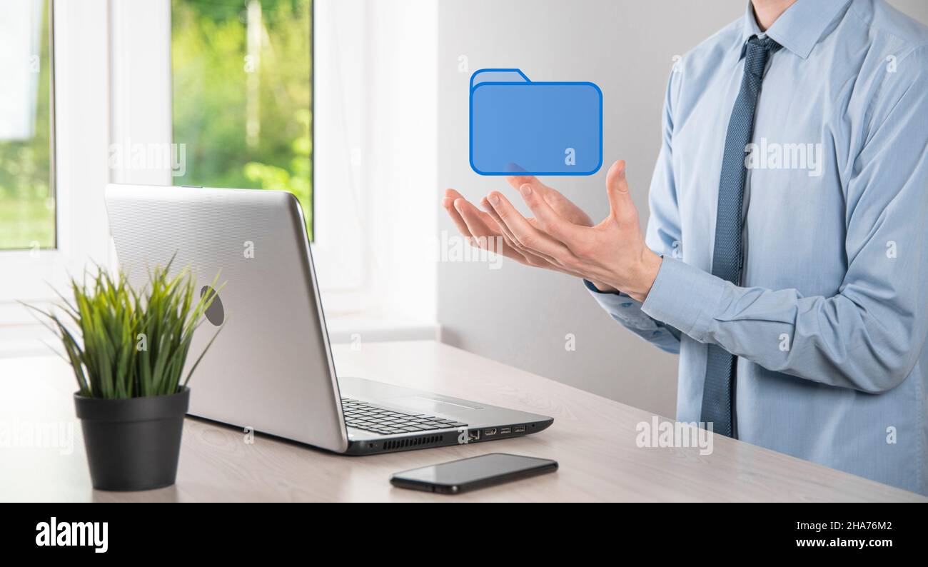 Hand hold folder icon.Document Management System or DMS setup by IT ...