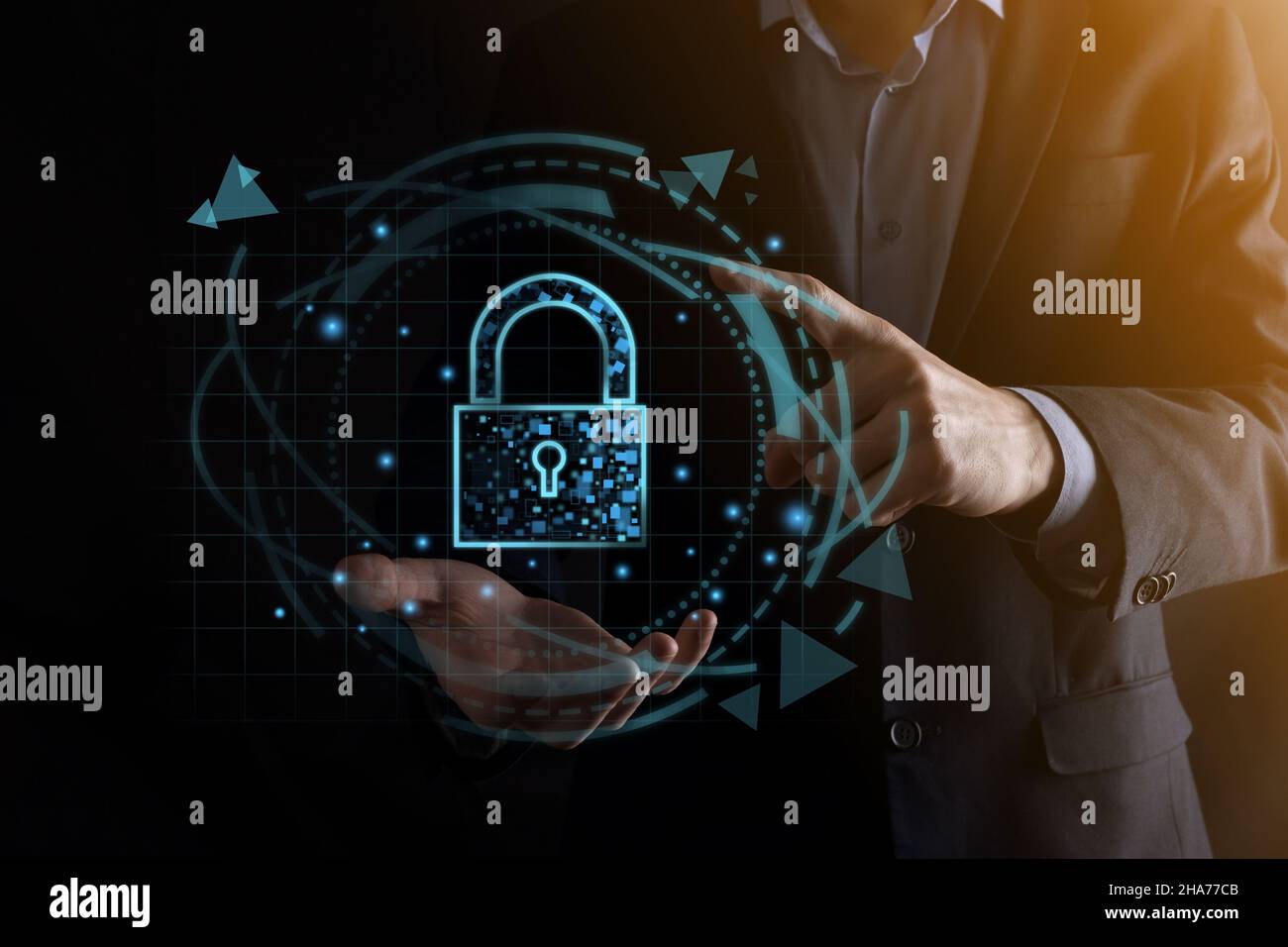 Cyber security network. Padlock icon and internet technology networking. Businessman protecting ...