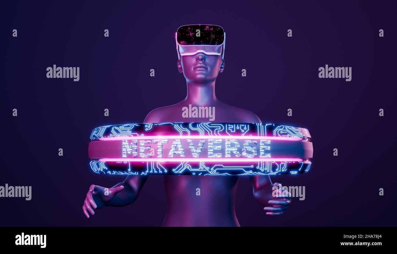 3d girl with virtual reality goggles and an electronic ring around with ...