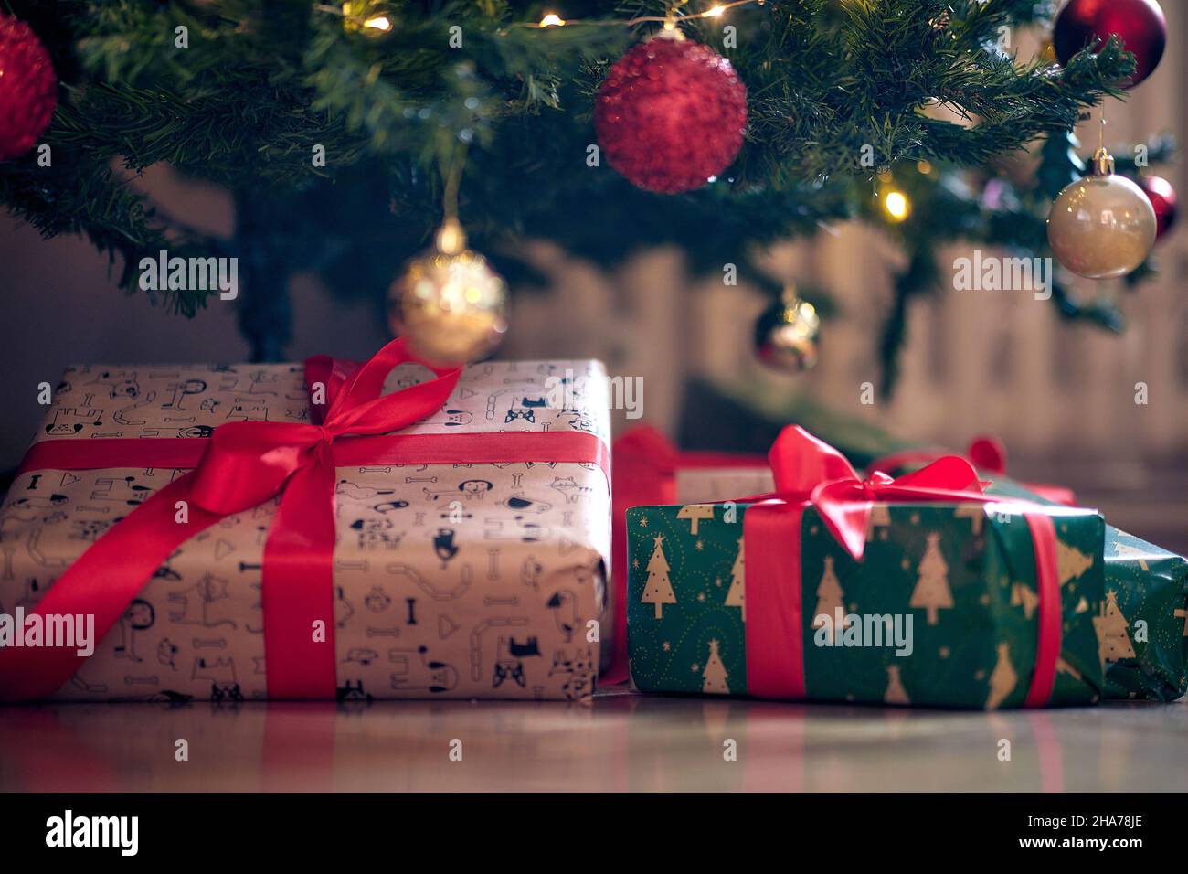Christmas presents under the tree on a Christmas evening Stock Photo ...