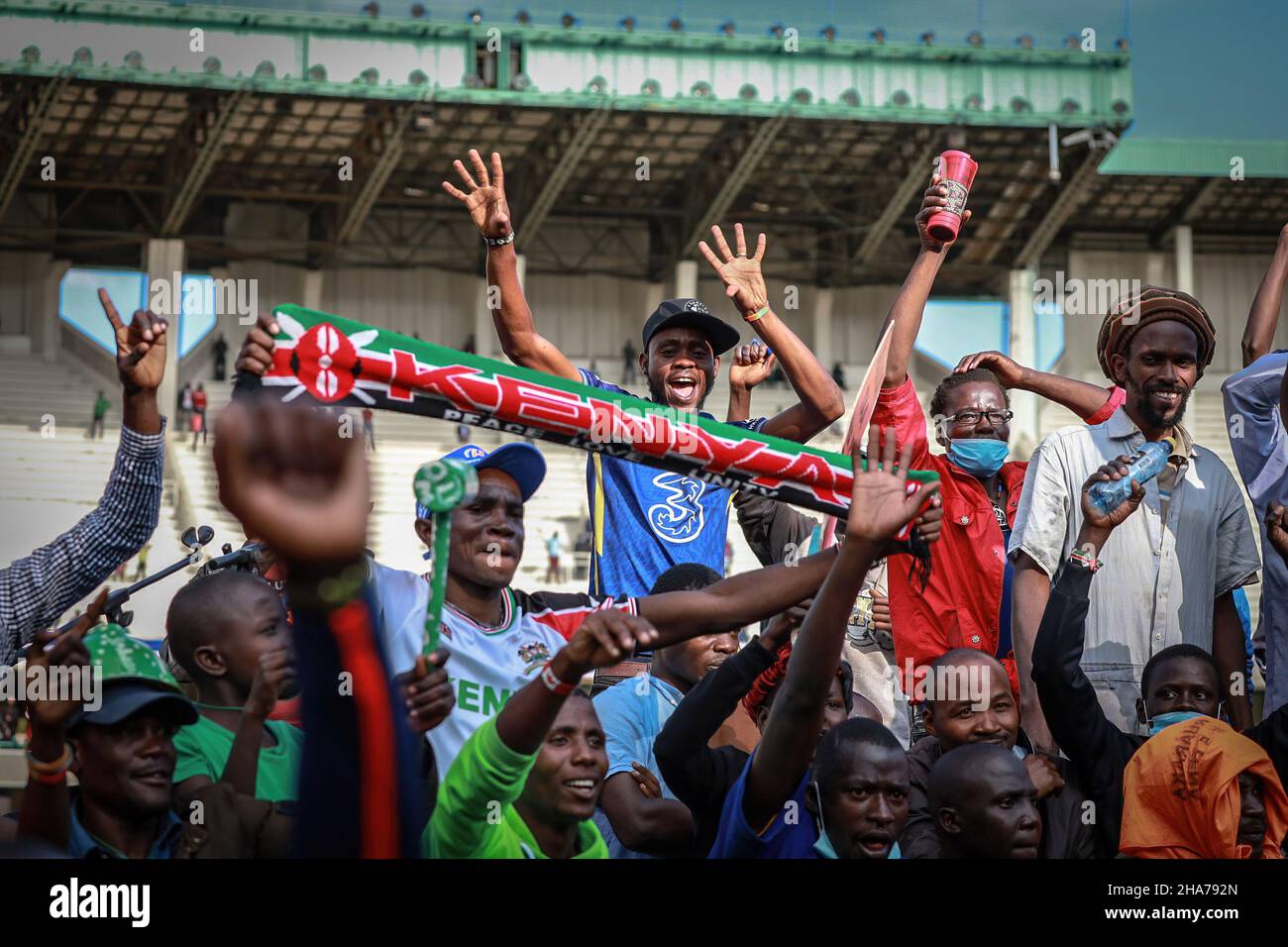 Kenyans chant slogans during the Azimio la Umoja convention at Kasarani ...