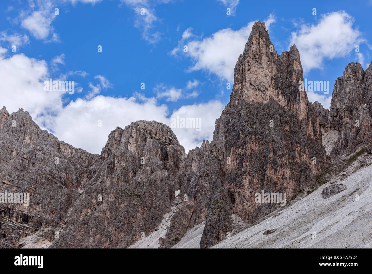 The peaks of the dolomite mountains with characteristic texture and ...