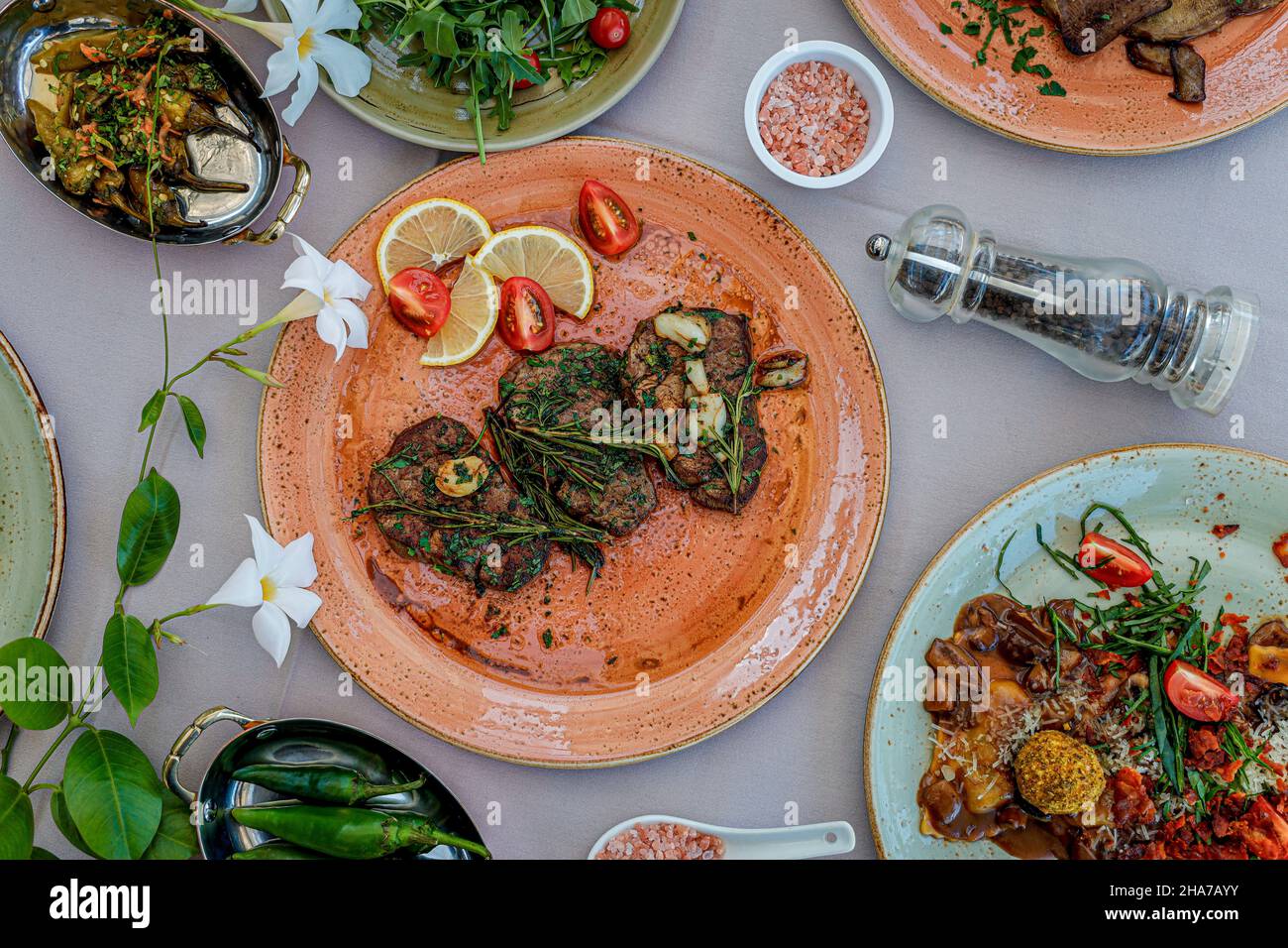 Top view of assorted food set on a table in the restaurant Stock Photo ...