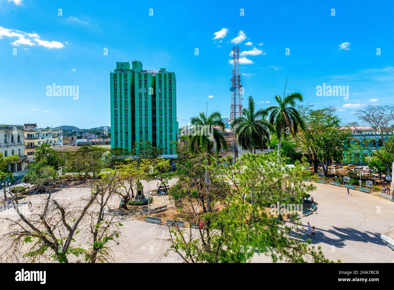 Aerial view of the Hotel Santa Clara Libre (green taller building) and ...