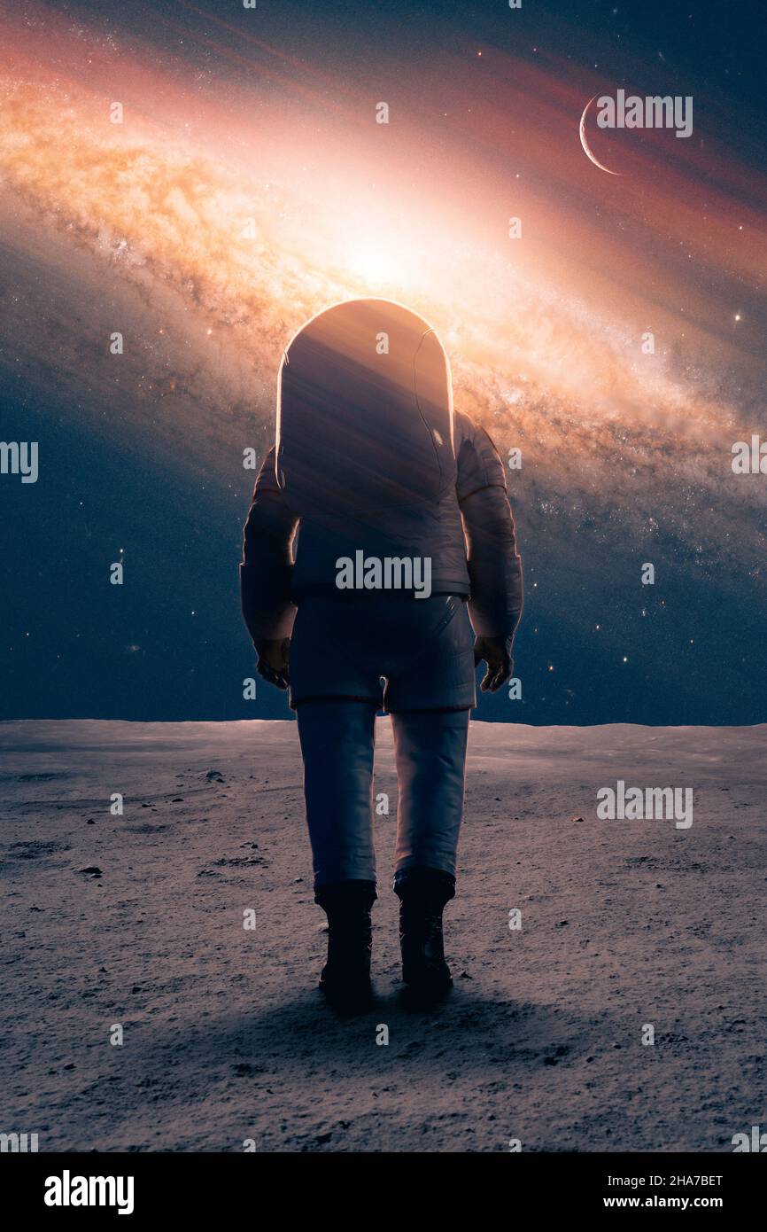 a spaceman walking on planet surface with an epic galaxy and stars in ...