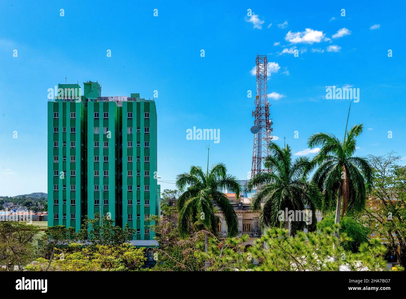 Aerial view of the Hotel Santa Clara Libre (green taller building) and ...