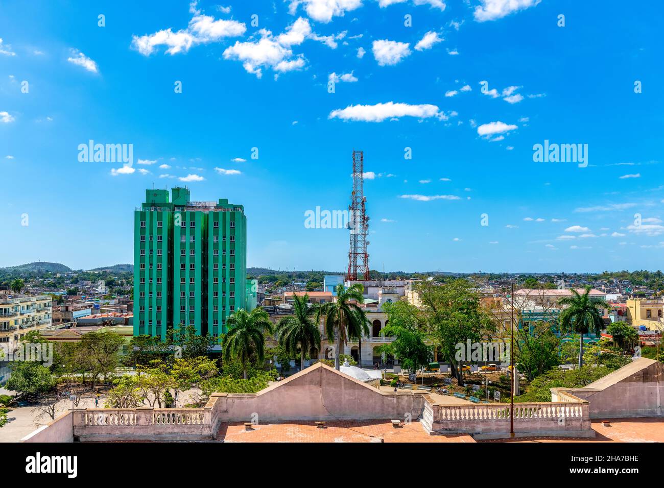 Aerial view of the Hotel Santa Clara Libre (green taller building) and ...