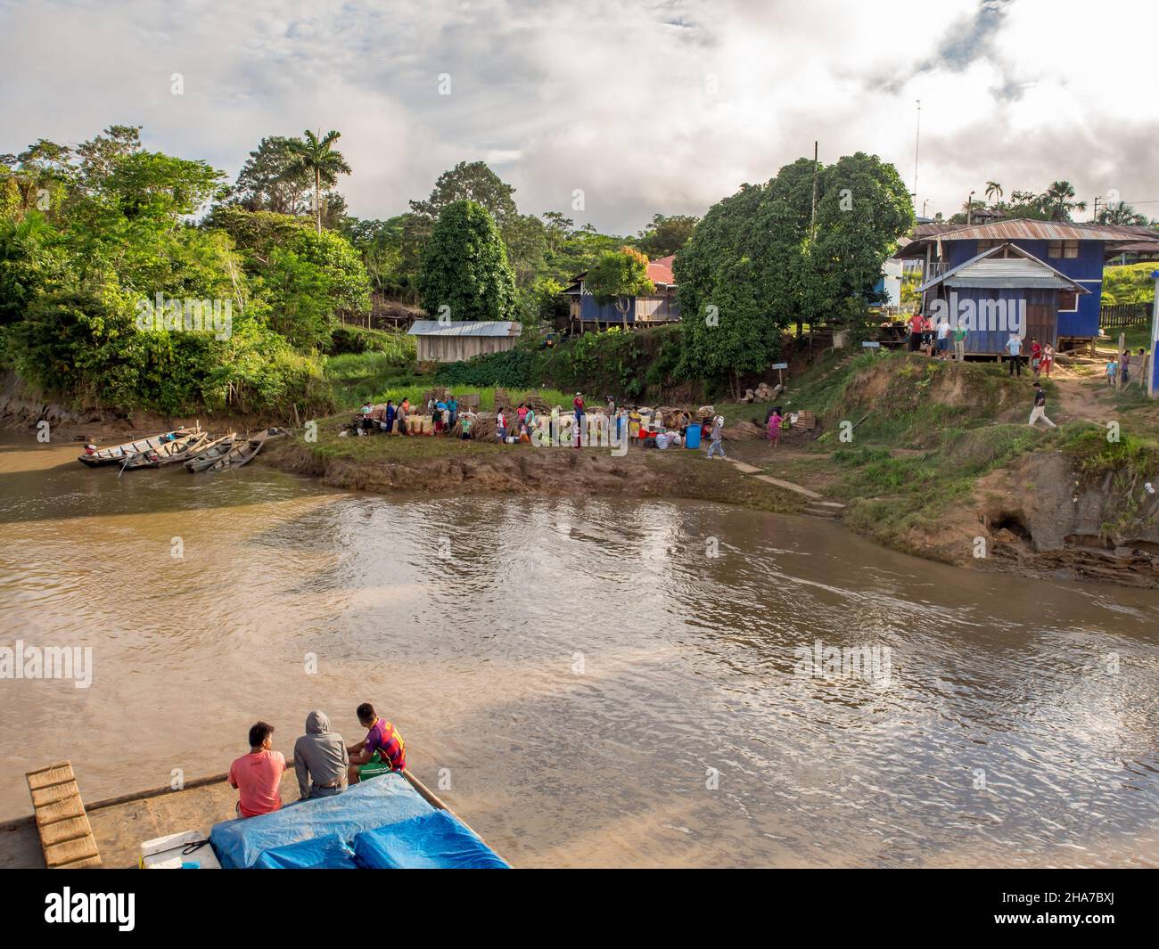 Amazon River, Peru - May, 2016: Small village on the bank of the Amazon ...