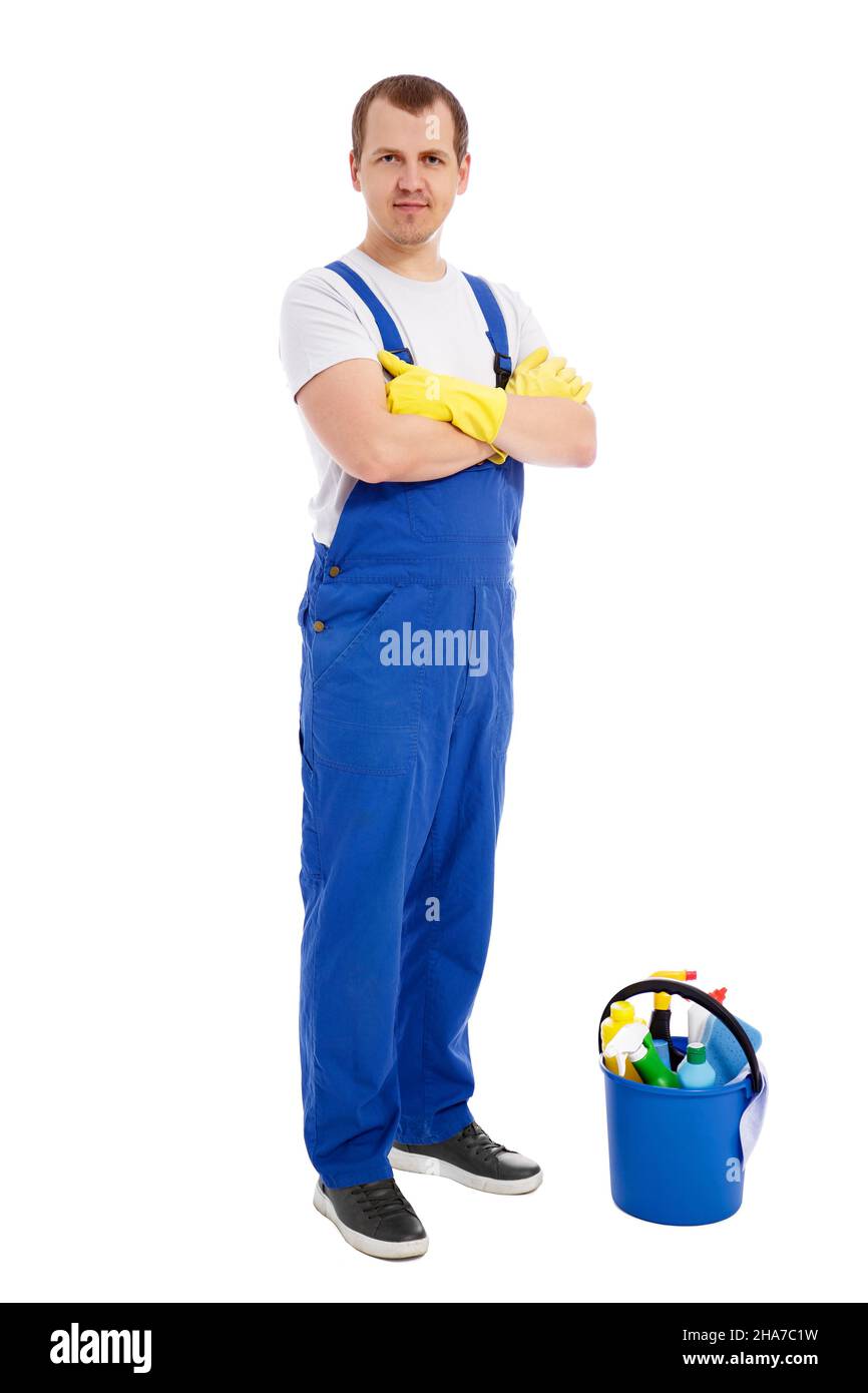professional cleaning service concept - full length portrait of man ...