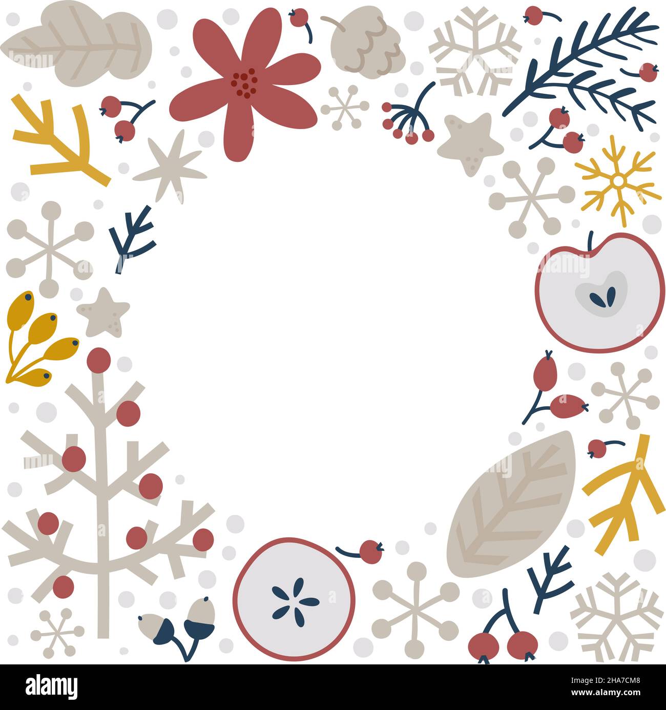 Christmas doodle hand drawn vector floral square frame with branches ...