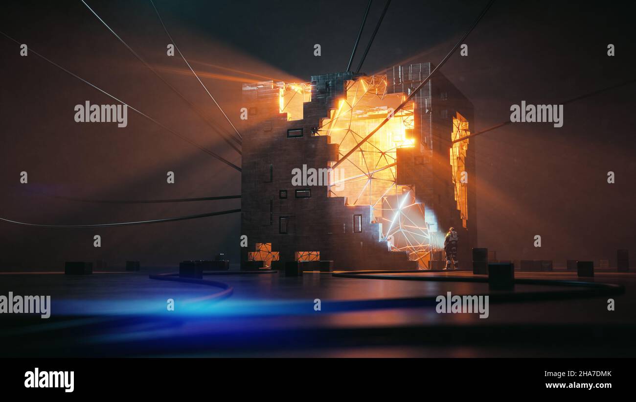 3D illustration of an explorer at a strange discovery Stock Photo - Alamy