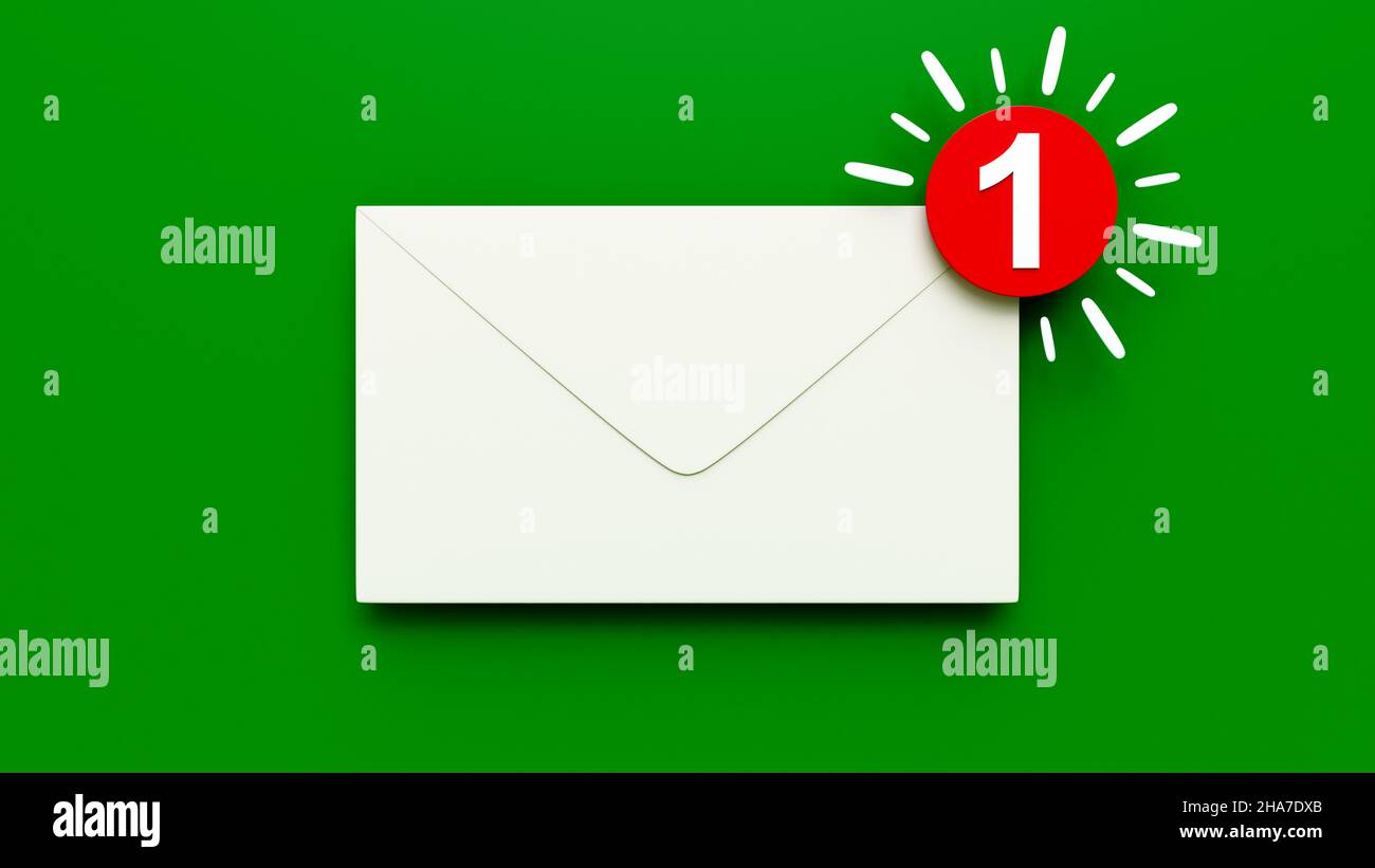 3D illustration of a mail sign envelope icon with number one, new mail ...