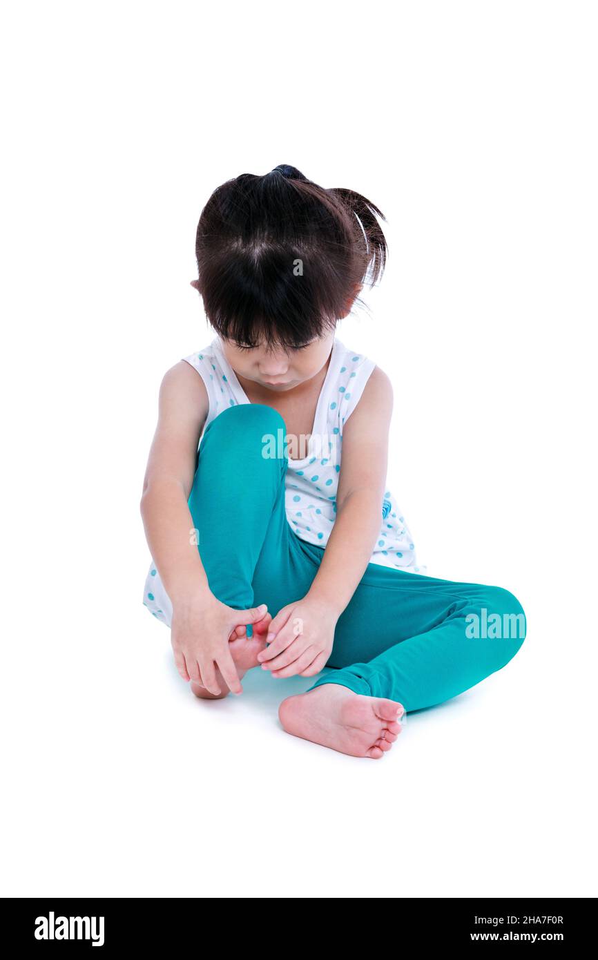 Full body of sad asian child injured at right toenail. Isolated on ...