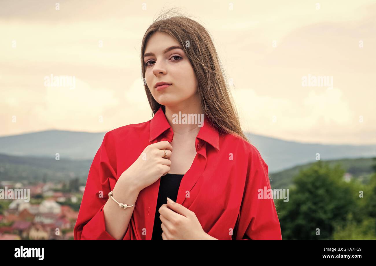 stylish child girl looking trendy outdoor, style Stock Photo - Alamy