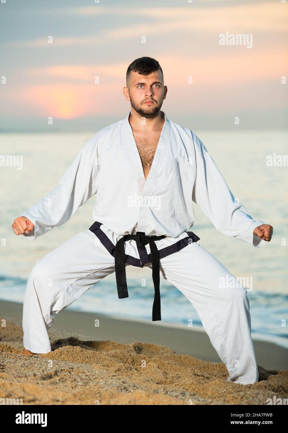 Nice man doing karate at ocean quay outdoor Stock Photo - Alamy