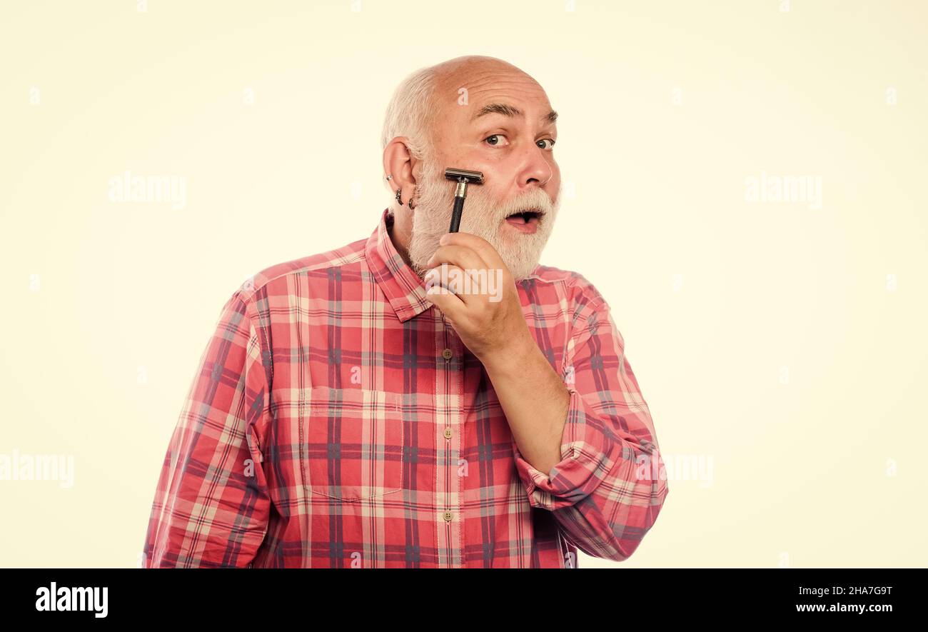 Shaving facial hair. Grooming beard. Barbershop concept. Man bearded ...