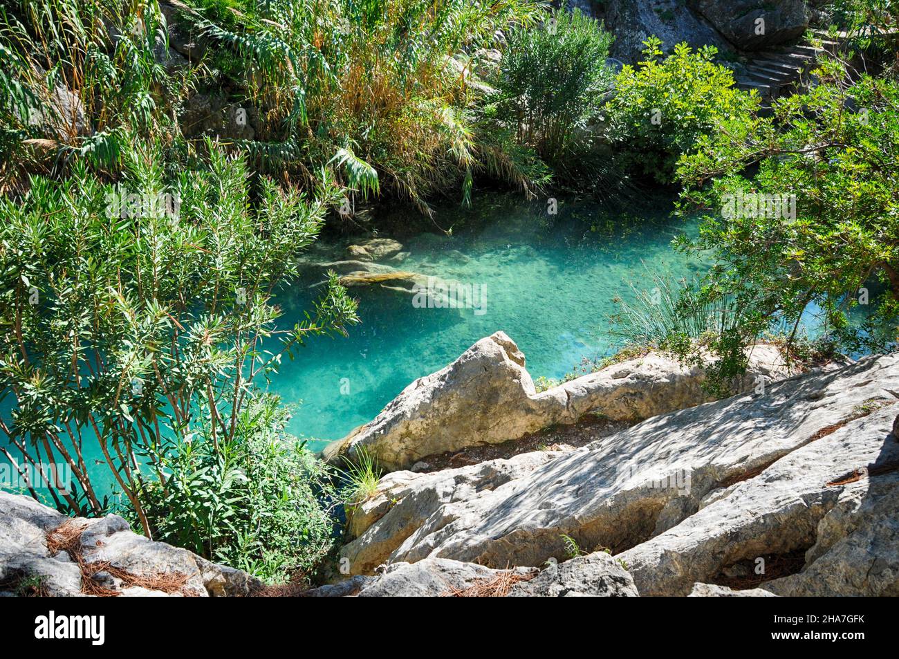 Waterfall with green water pond, Las Fuentes del Algar, Alicante, Spain ...