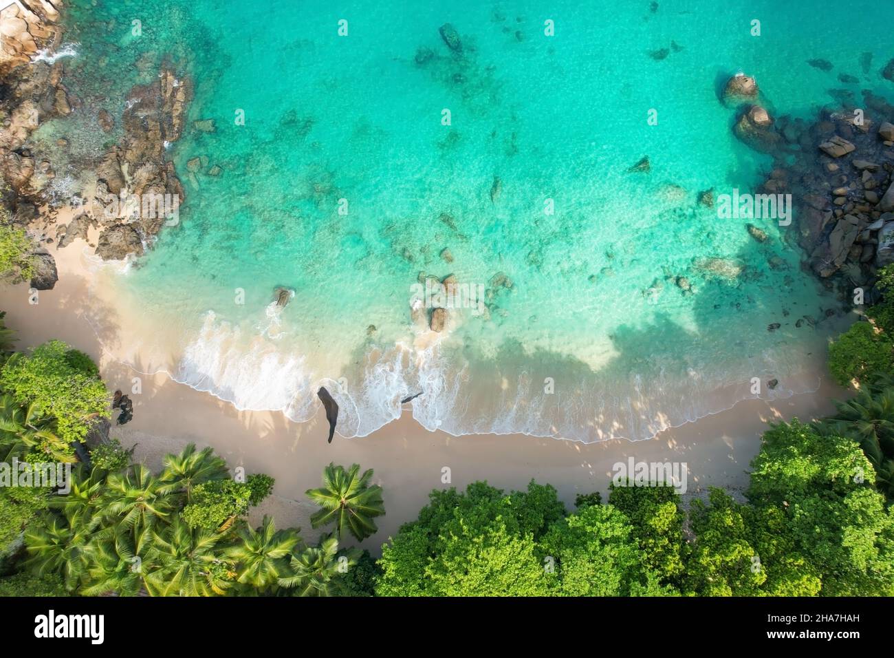 drone view of sunset beach on then northern area of Mahe island Stock ...