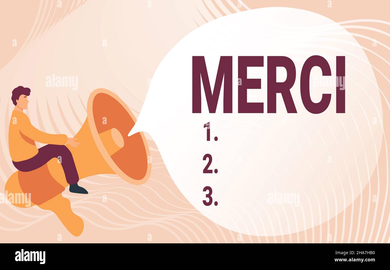 Hand writing sign Merci. Business overview what is said or response ...