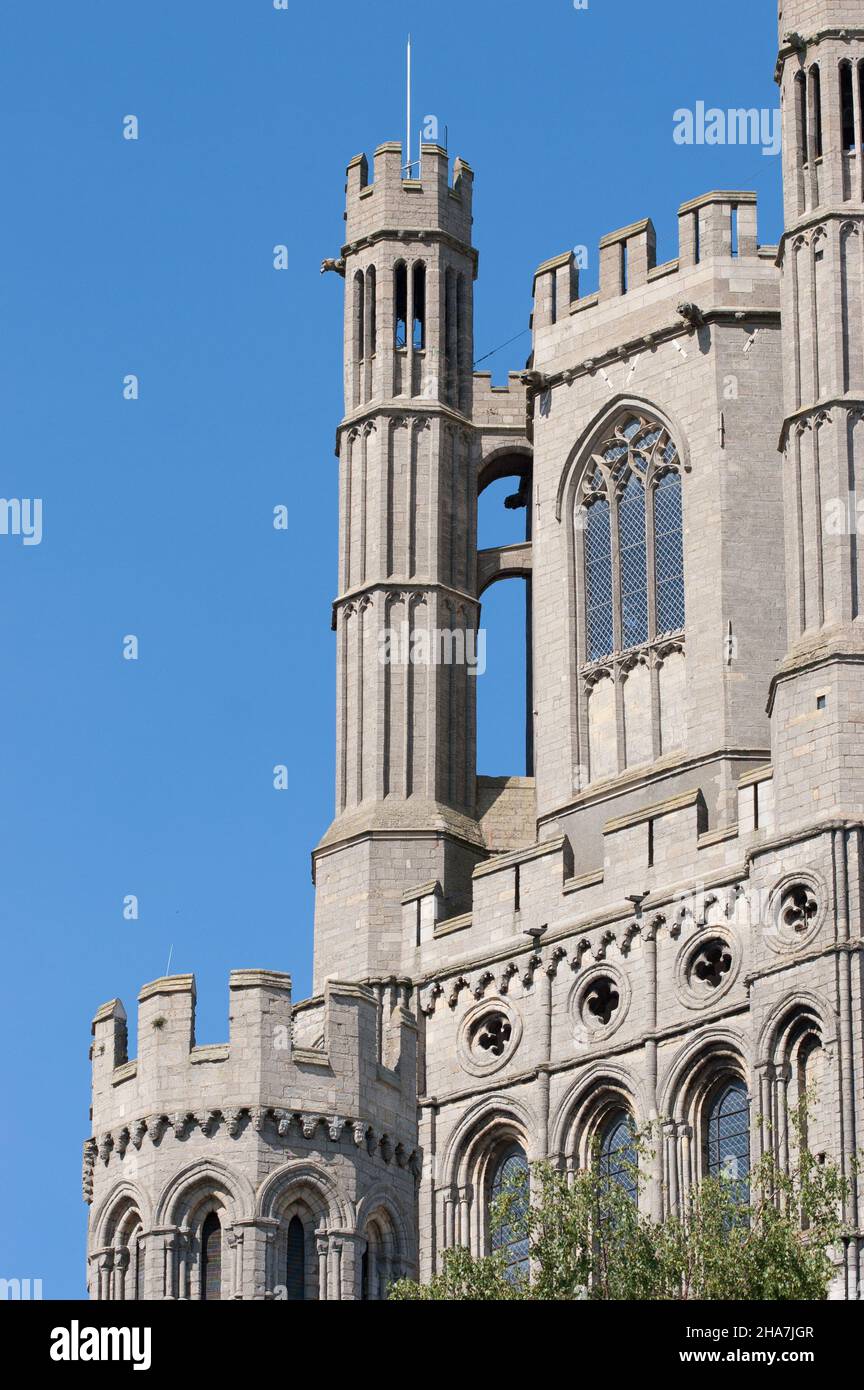 Detail of round turrets on the west tower of Ely cathedral in the ...