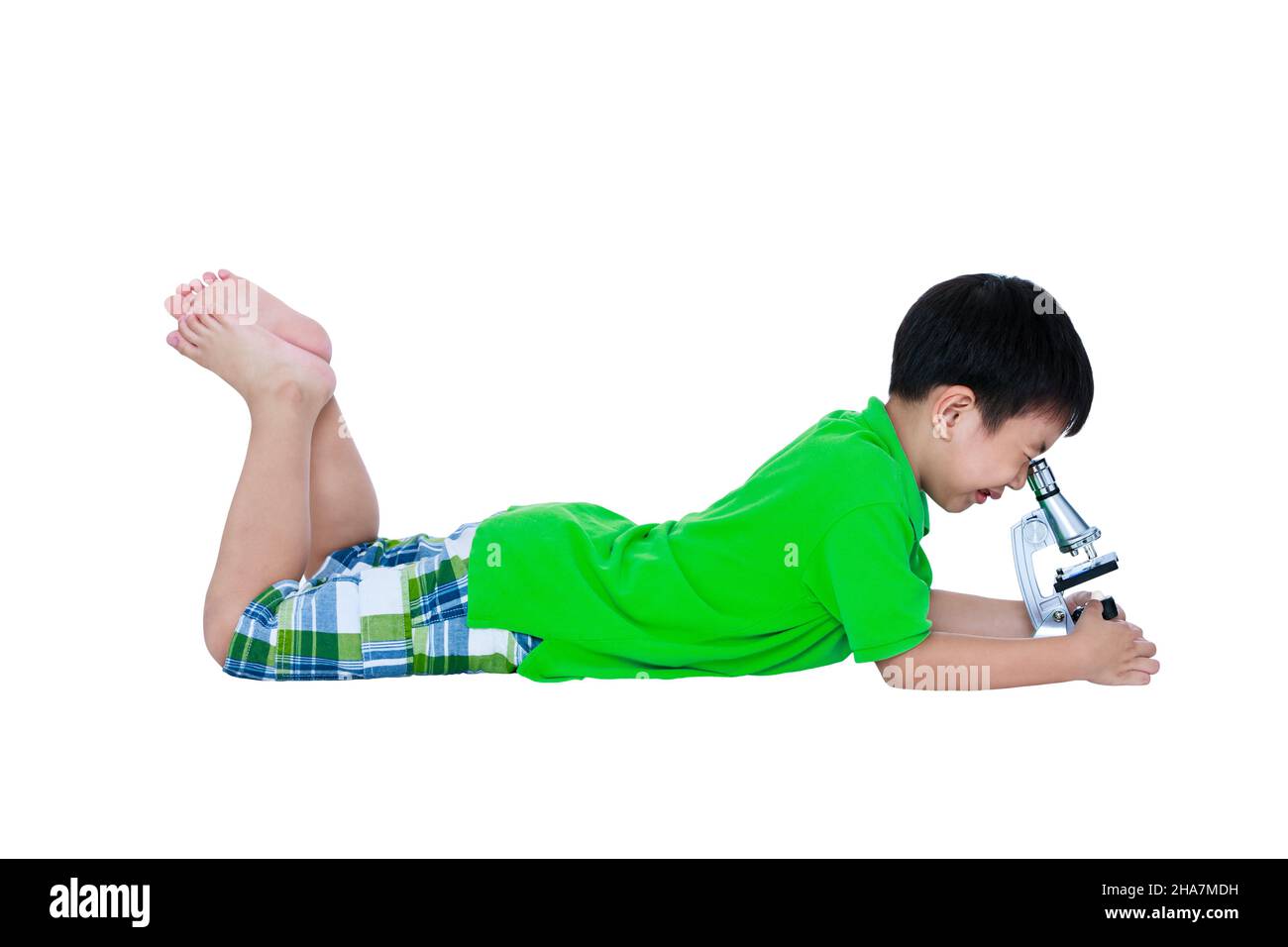 Full body of asian child observed through a microscope biological ...