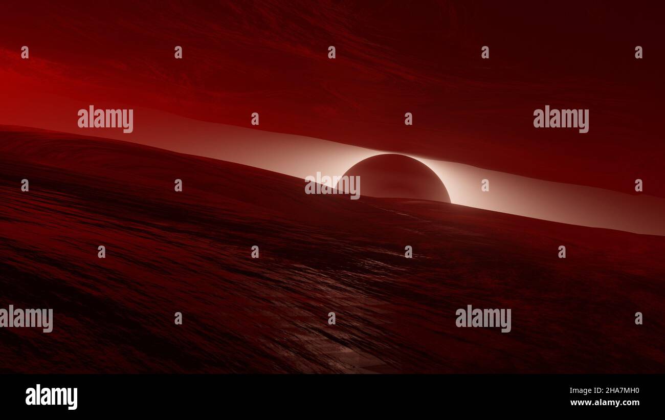 Panorama of Mars at sunset, sunrise above the surface of Mars, Martian ...