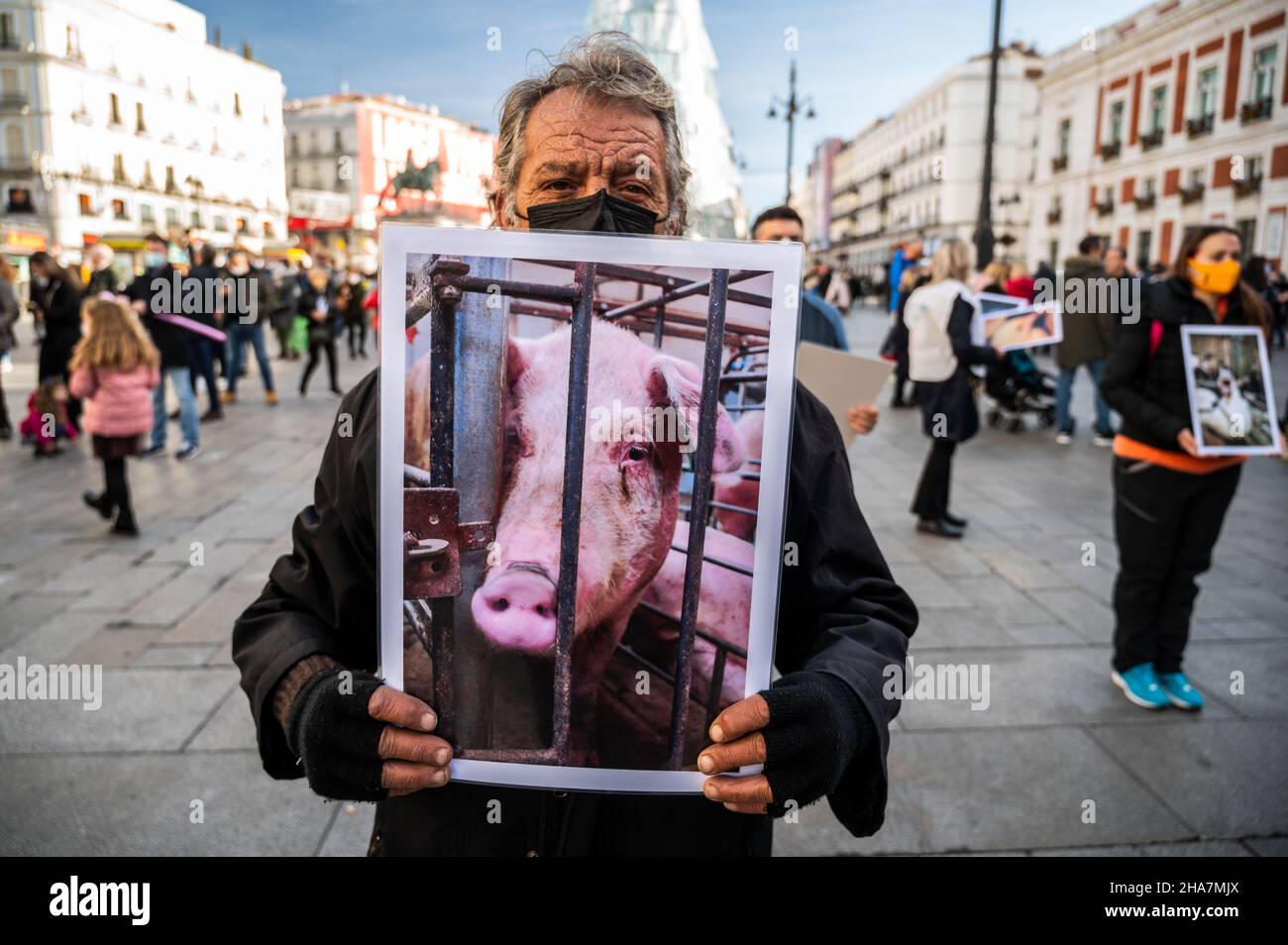Madrid, Spain. 11th Dec, 2021. Animal rights activists carrying ...
