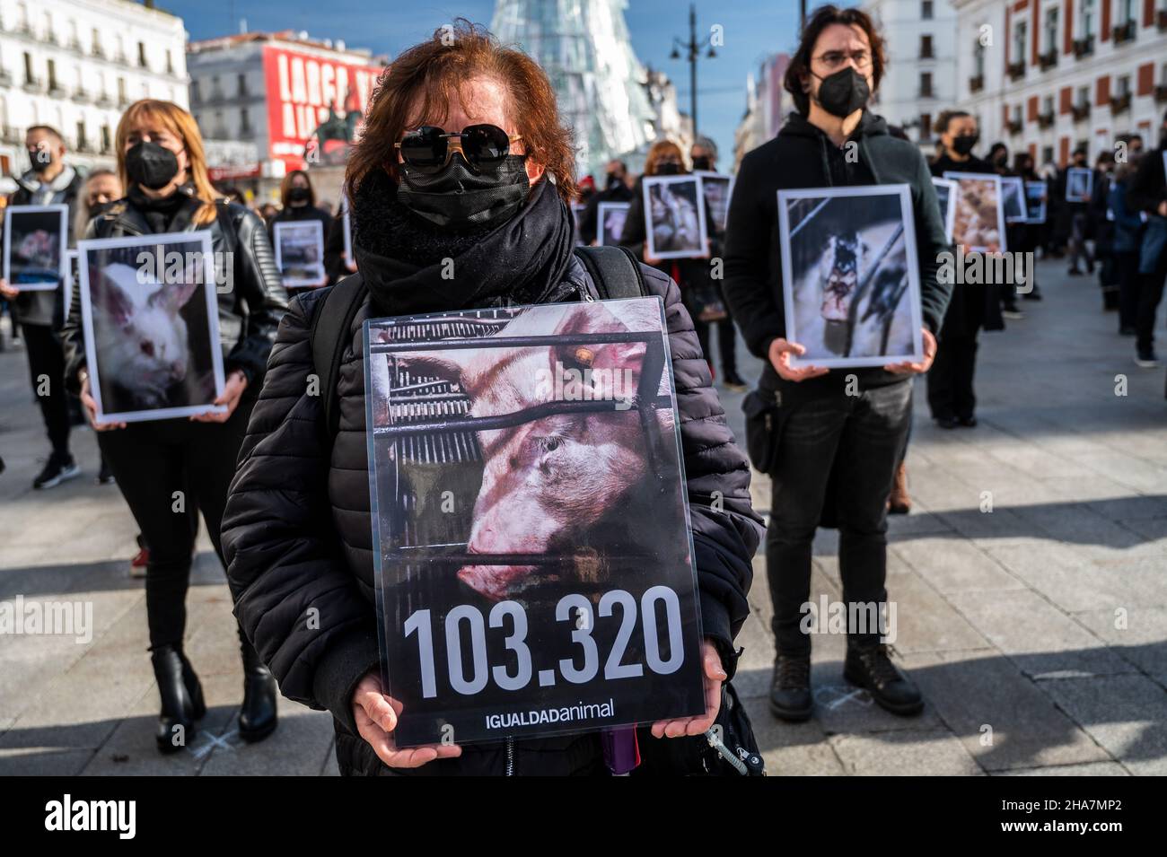 Madrid, Spain. 11th Dec, 2021. Animal rights activists carrying ...