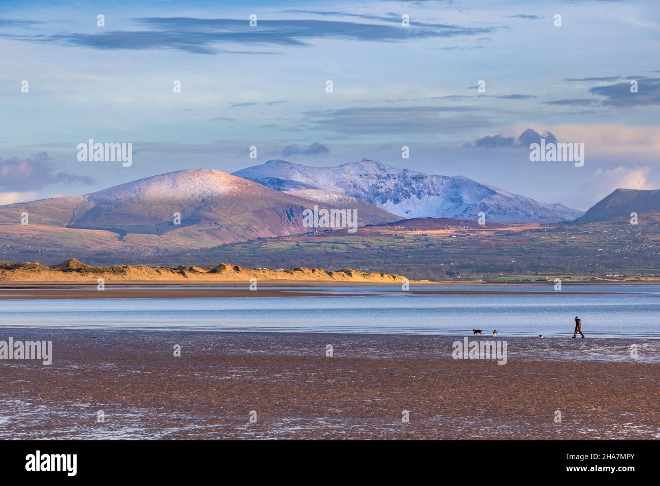 Newborough Beach at low-tide with Mount Snowdon in the background, Isle ...