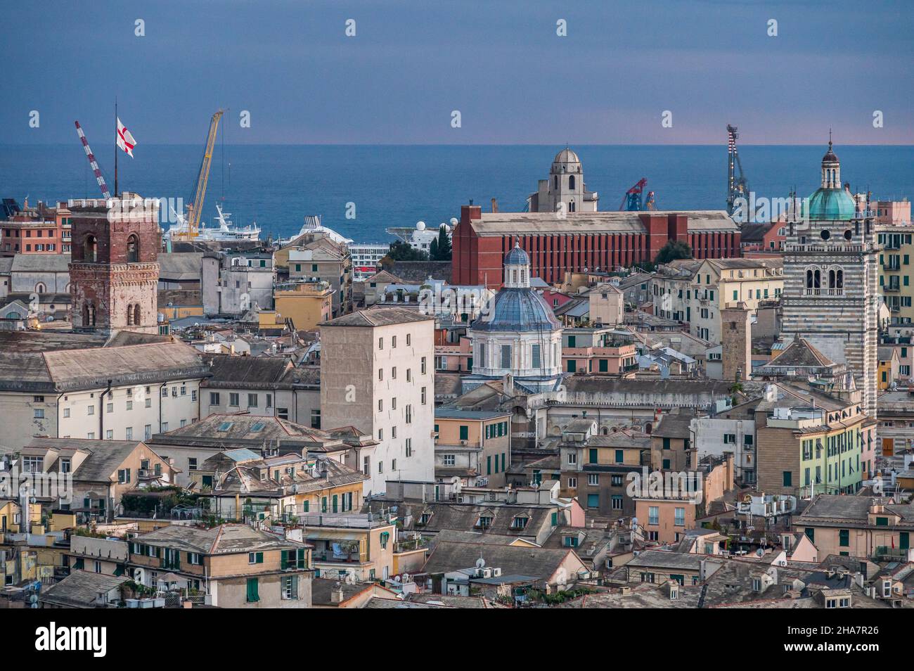 VIew of the old town of Genoa, with its monuments and churches from the ...