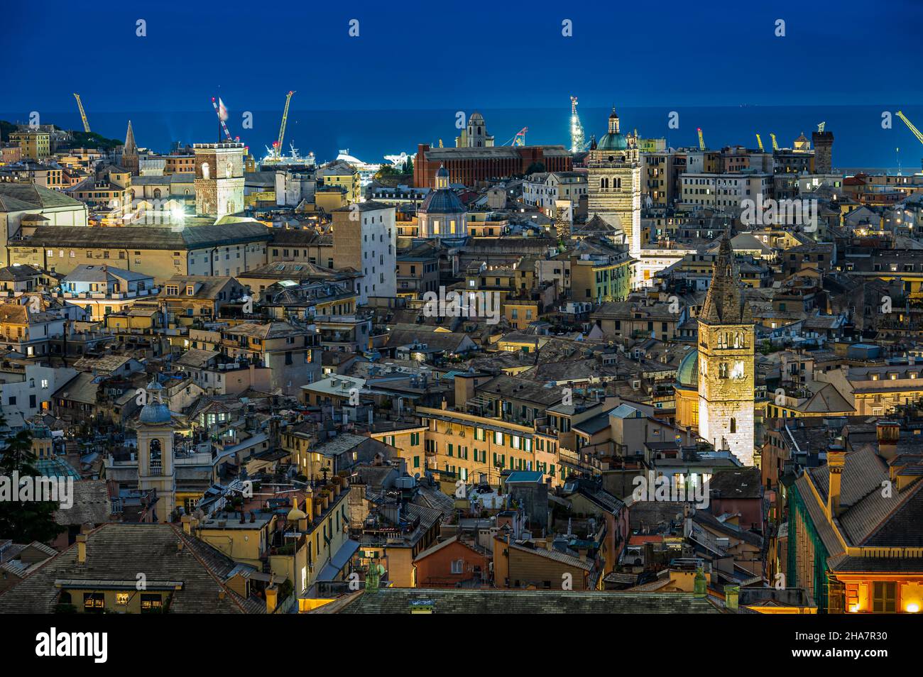 VIew of the old town of Genoa, with its monuments and churches from the ...
