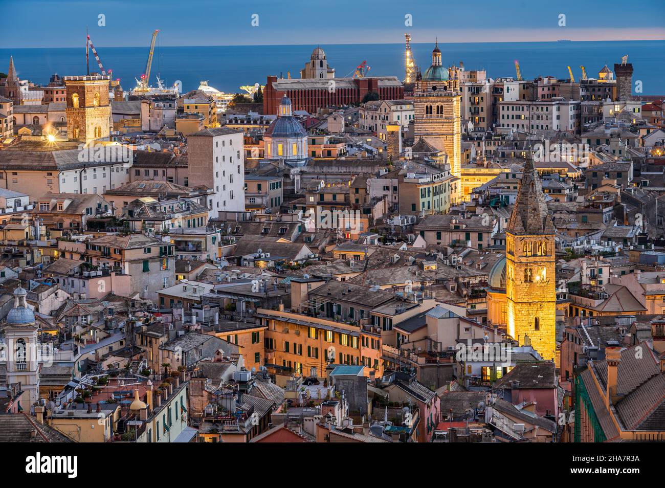 VIew of the old town of Genoa, with its monuments and churches from the ...