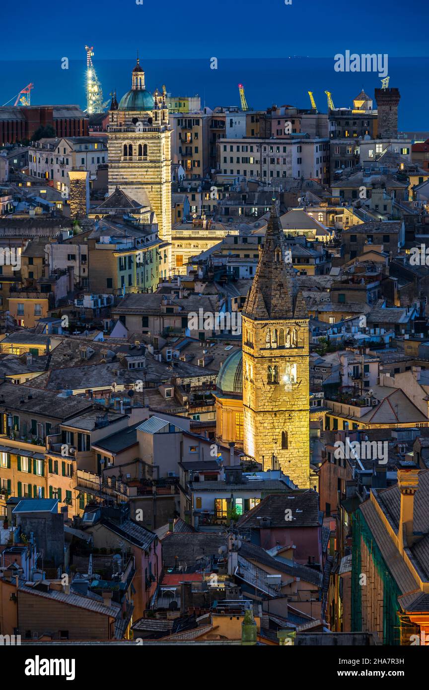 VIew of the old town of Genoa, with its monuments and churches from the ...