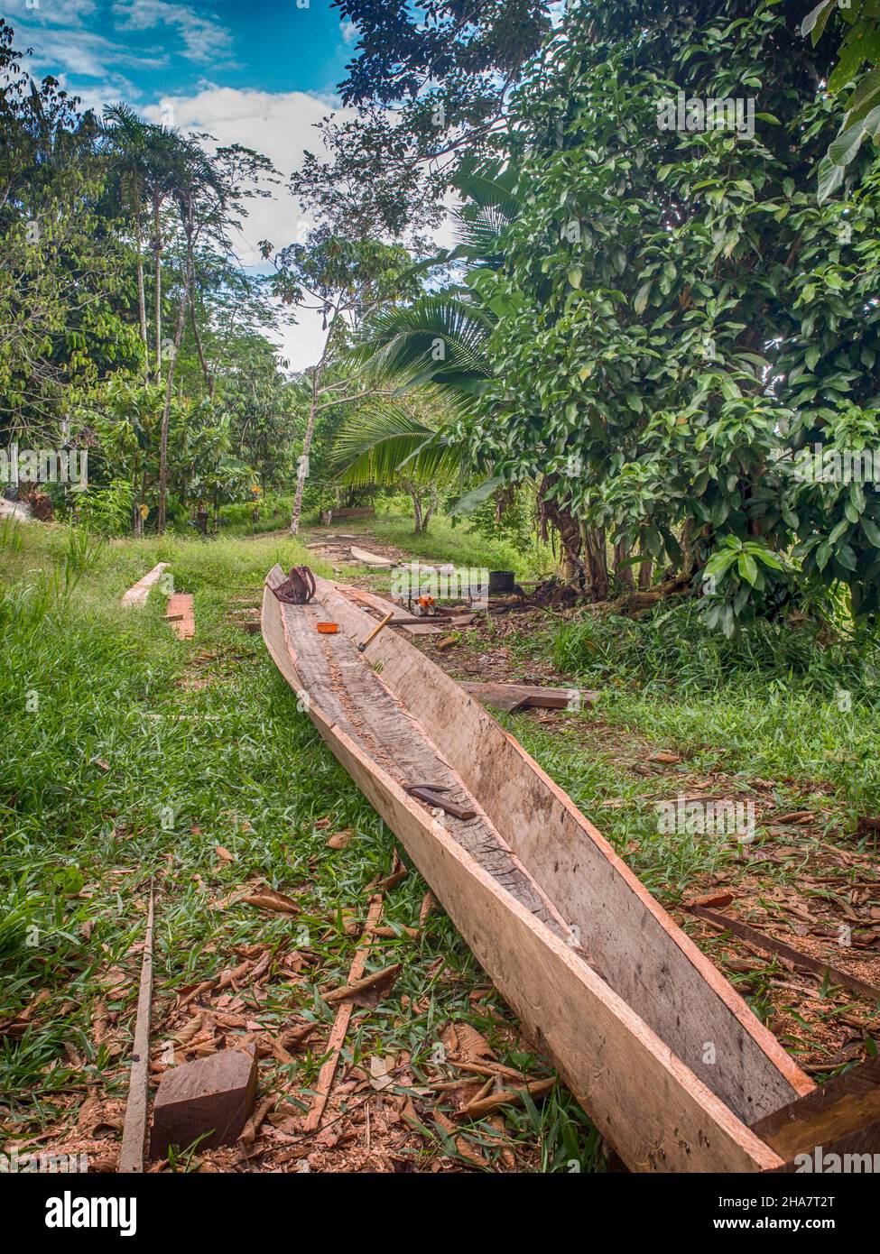 A wooden boat under construction in the small village in the jungles of ...