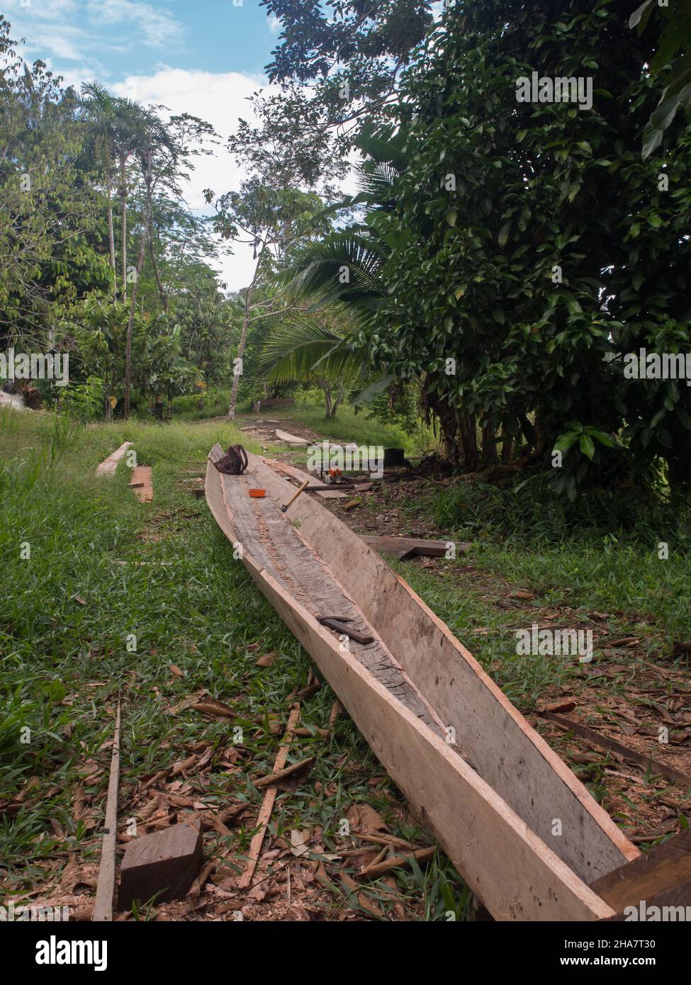 A wooden boat under construction in the small village in the jungles of ...