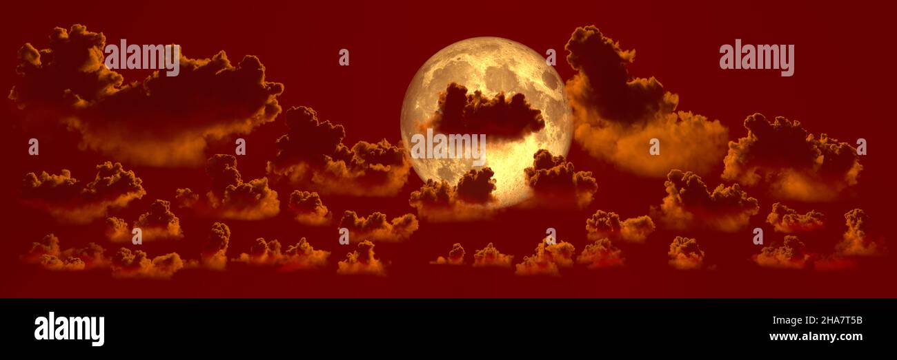 backdrop - panorama of large cumulus clouds and moon , cgi nature 3D ...