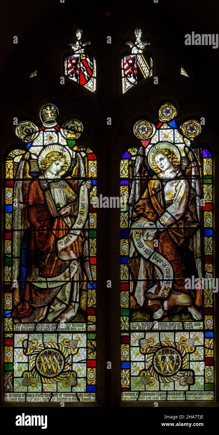 Stained glass window in Groton church, Suffolk, England, UK c 1880 two ...