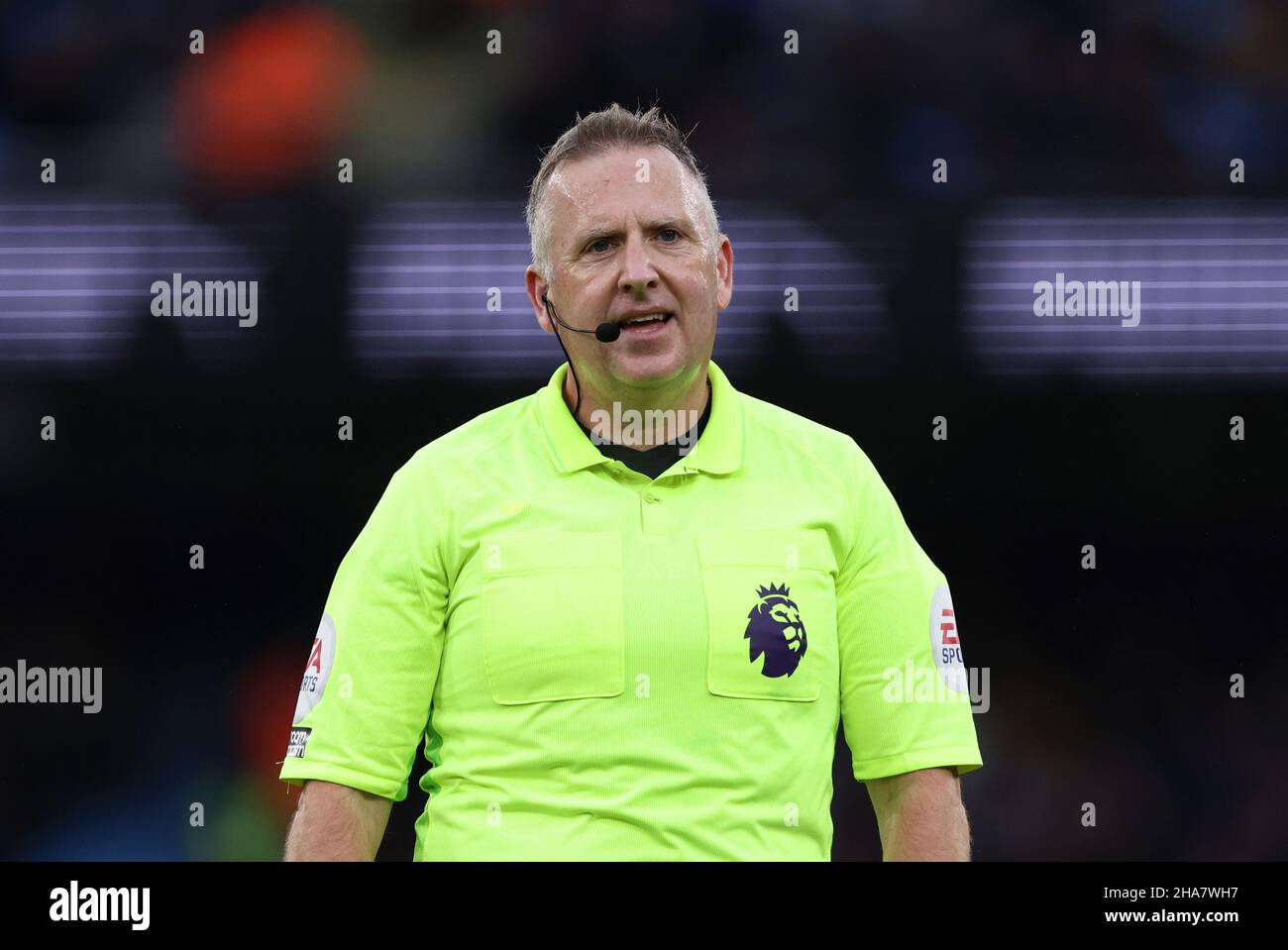 Referee Jon Moss during the Premier League match at the Etihad Stadium ...