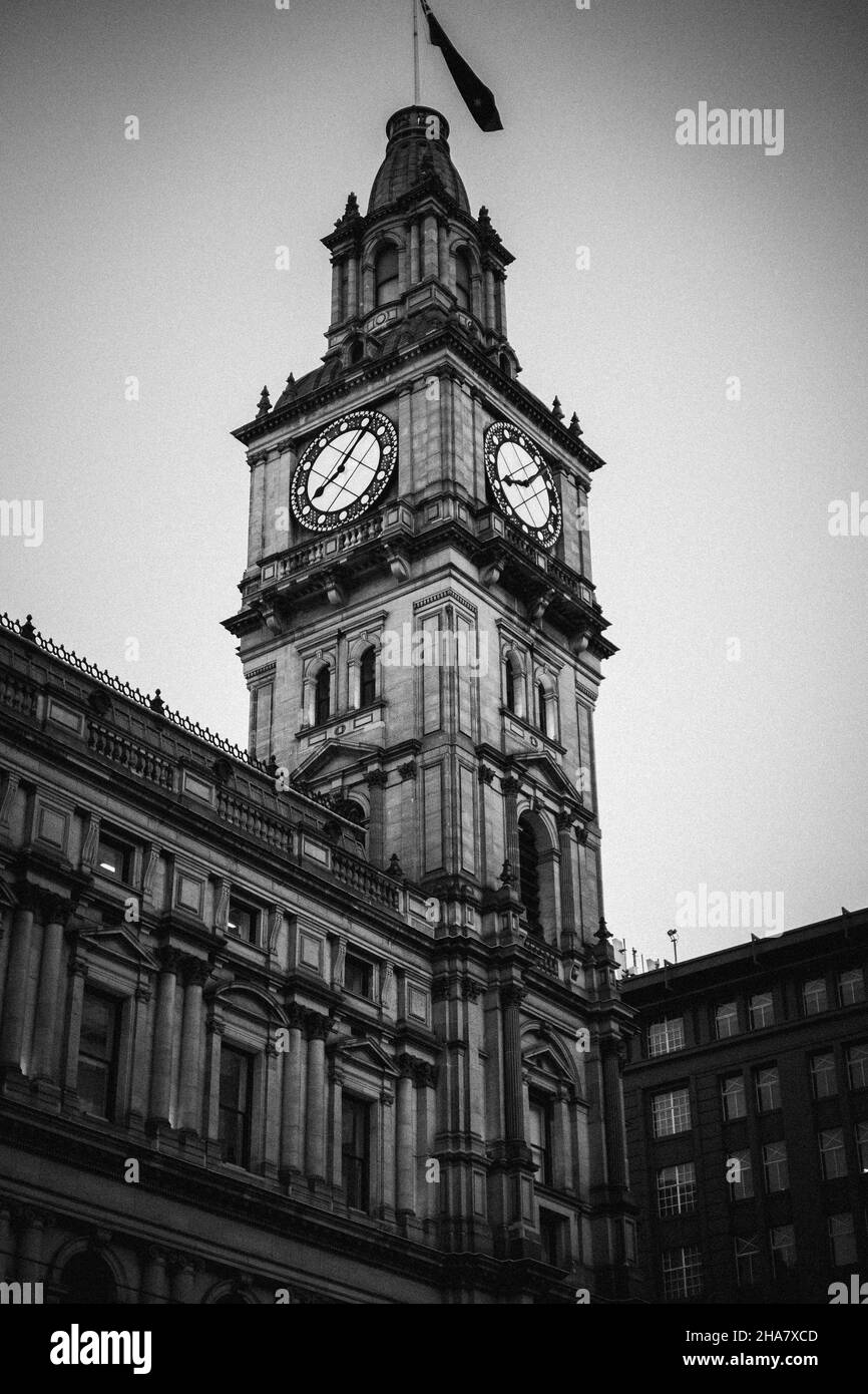 Low angle shot of Melbourne's GPO in Melbourne, Australia in grayscale ...