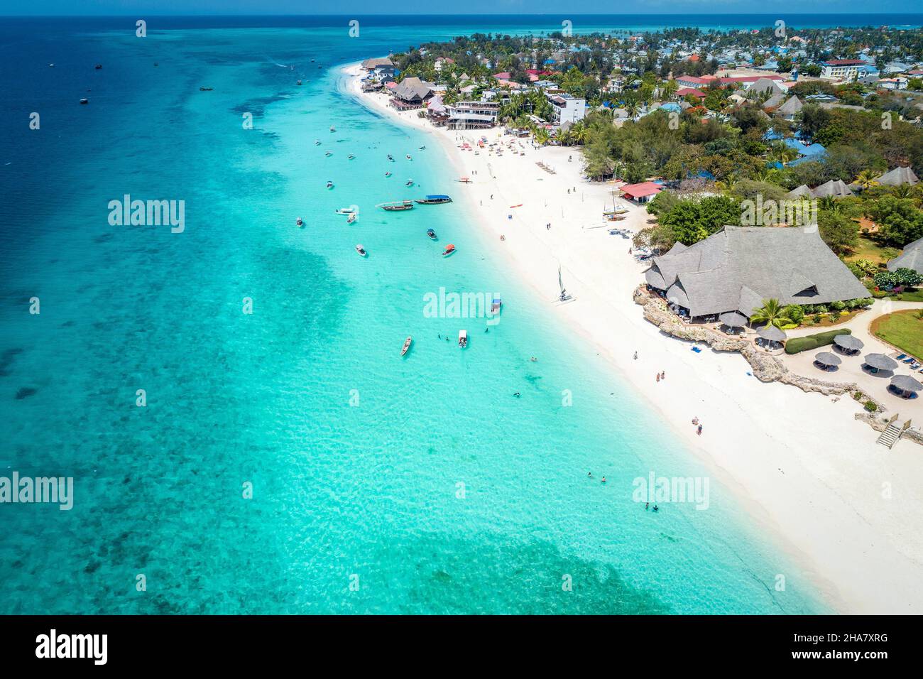 Aerial view of Nungwi beach in Zanzibar, Tanzania with luxury resort ...