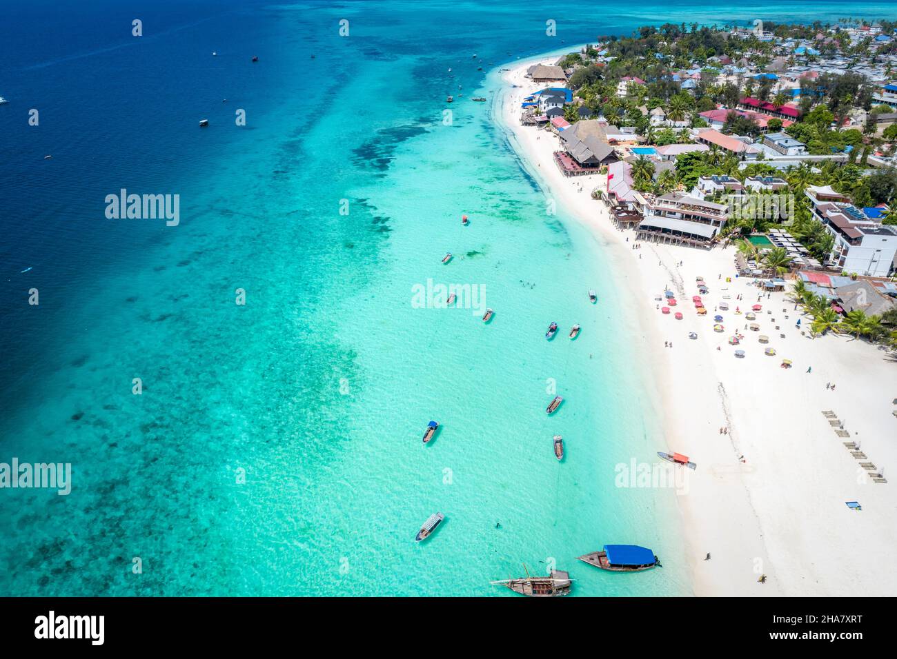 Aerial view of Nungwi beach in Zanzibar, Tanzania with luxury resort ...