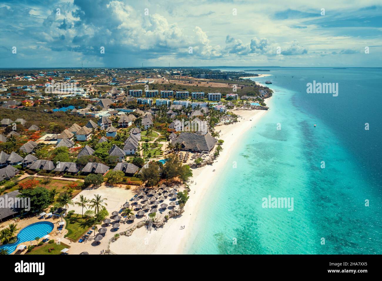 Aerial view of Nungwi beach in Zanzibar, Tanzania with luxury resort ...